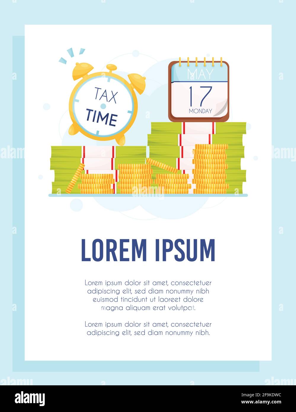 Tax time flyer concept. Calendar with due date. Alarm clock, cash and ...