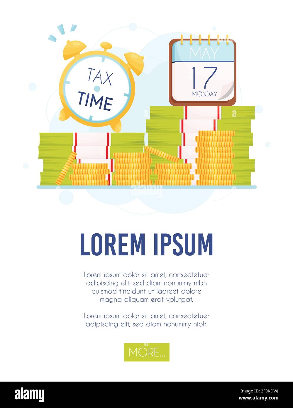 Tax time concept. Calendar with due date. Alarm clock, cash and coins ...