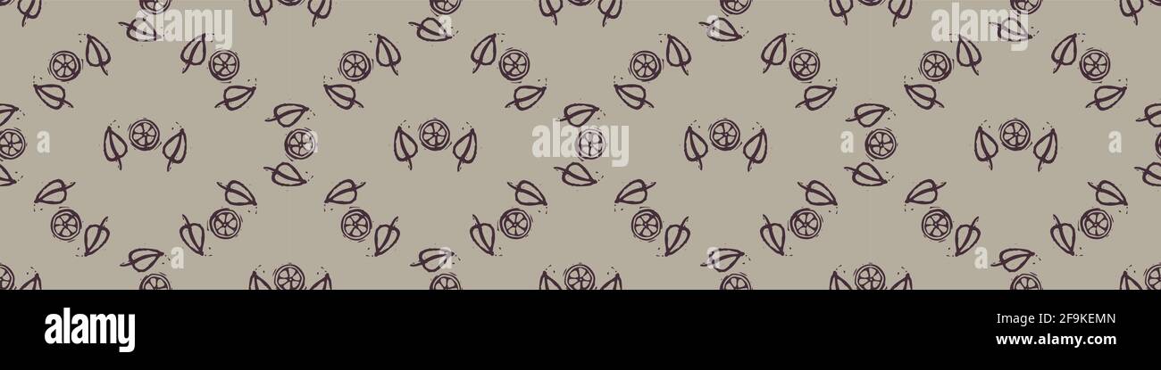 Hand carved orange block print seamless border pattern. Rustic naive ...