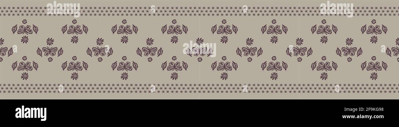 Hand carved butterfly block print seamless border pattern. Rustic naive ...