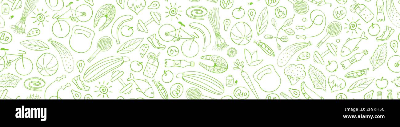 Healthy lifestyle seamless pattern. Green doodles on white background ...