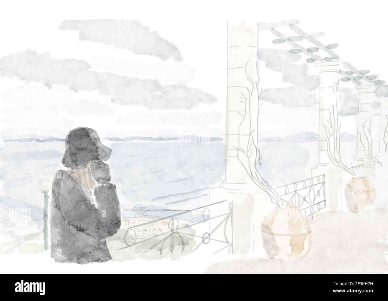 watercolor sketch of the girl on the terrace in Capri Stock Photo - Alamy