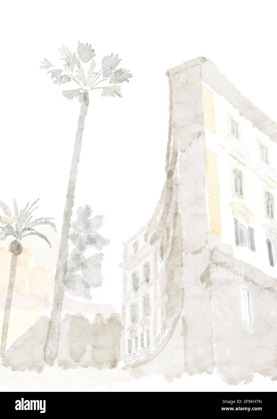 watercolor sketch of the old building in Naples with palm trees Stock ...
