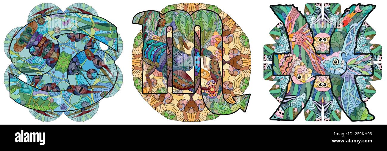 Hand-painted art design. Hand drawn illustration signs Pisces, Cancer ...