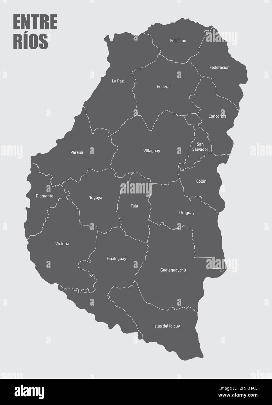 The Entre Rios province isolated map divided in departments with labels ...