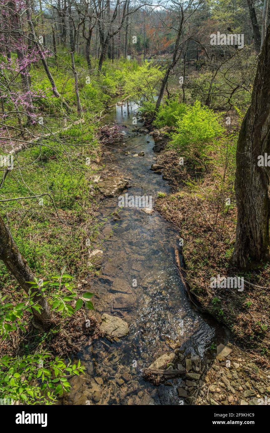 Looking down from a bridge at a clear water stream flowing into a lake ...