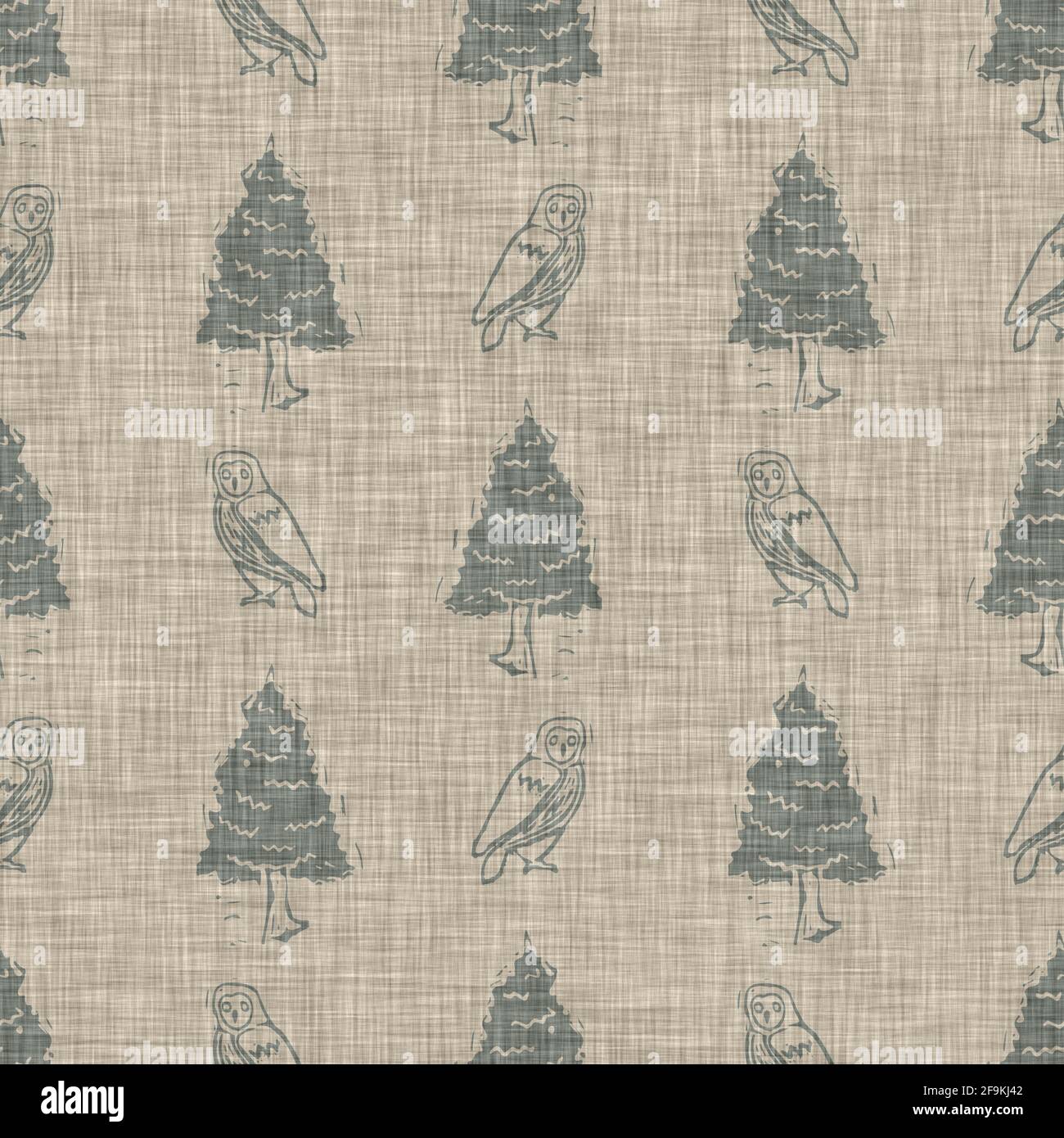 Handmade carved linen block print tree seamless pattern. Rustic babies ...