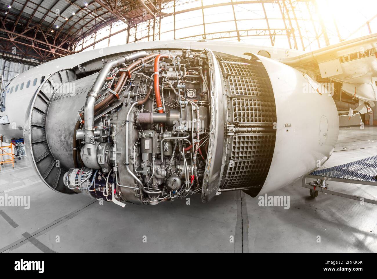 Engine of the aircraft with an open hood for repair and inspection ...