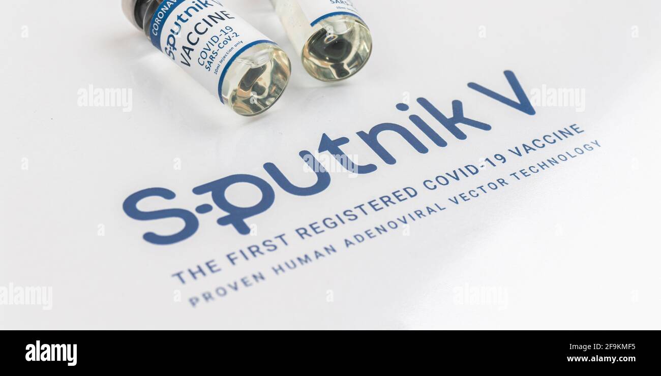 Kharkov, Ukraine - April 18, 2021: Sputnik V logo close-up with vaccine ...