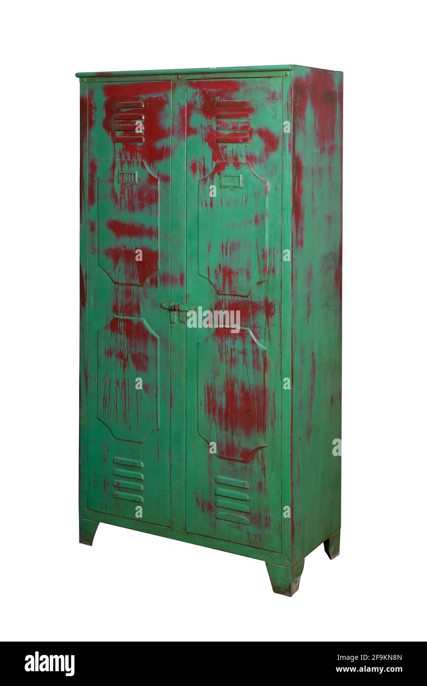 Antique rustic green and red wardrobe isolated on white background ...