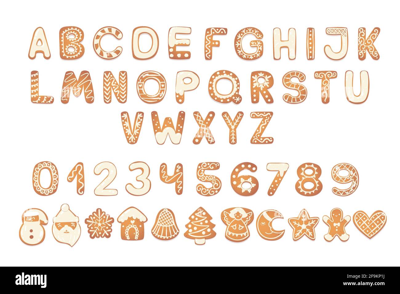 Christmas gingerbread cookies alphabet with figures. Biscuit letters ...