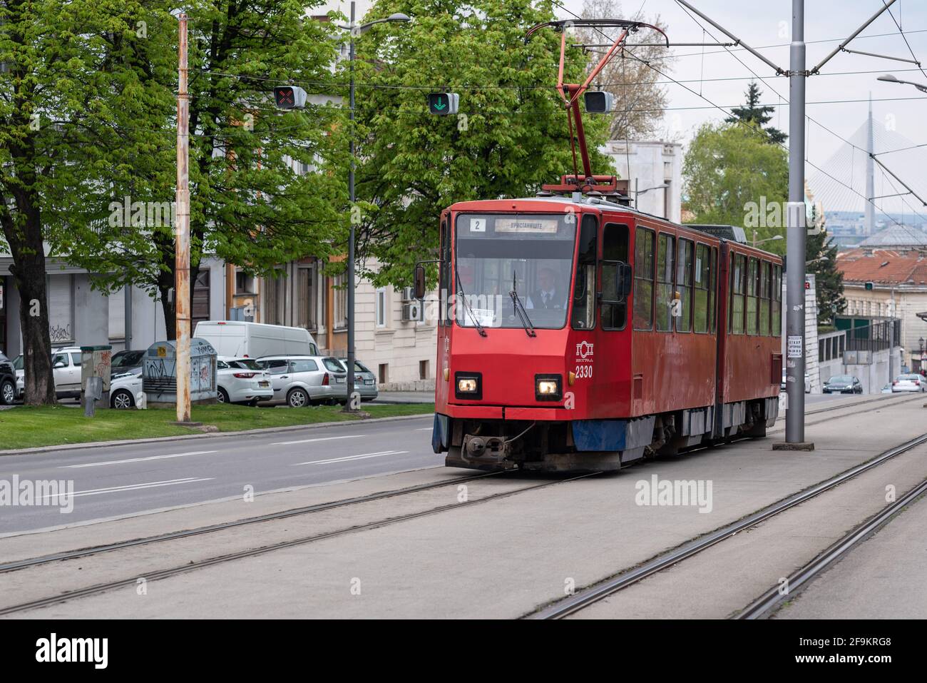Old Tatra KT4 Czechoslovak-built red public tram in Belgrade, the ...