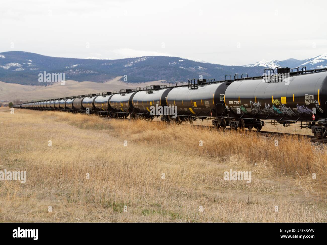 A string of unused tank cars sit on a remote stretch of railroad track ...