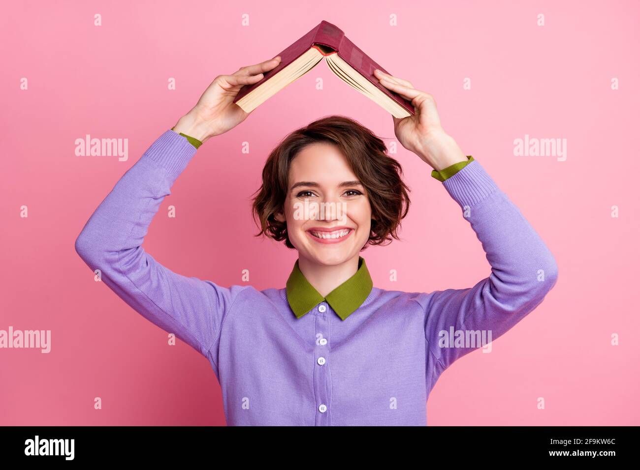 Photo of funny lady hold open book above head lazy boring plot wear ...