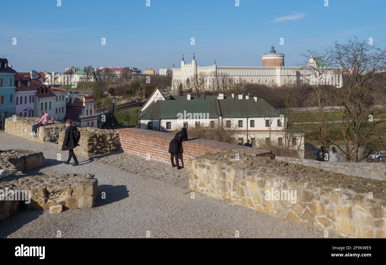 view from Po Farze Square to the royal castle in Lublin in spring Stock ...