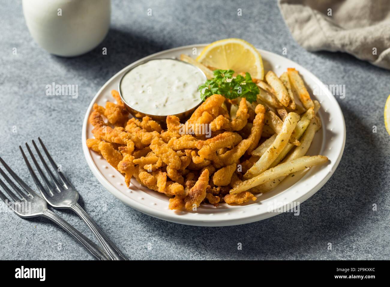 Homemade Fried Clam Strips with Fries and Tartar Sauce Stock Photo - Alamy