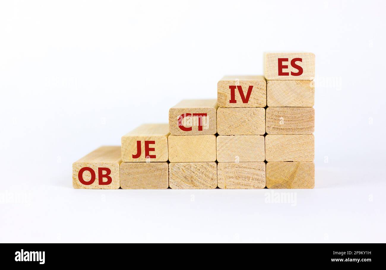 Objectives symbol. Wooden blocks stacking as step stair on white ...