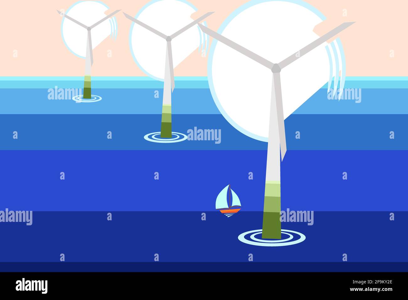 wind power station moving in the wind in the ocean with tiny ...