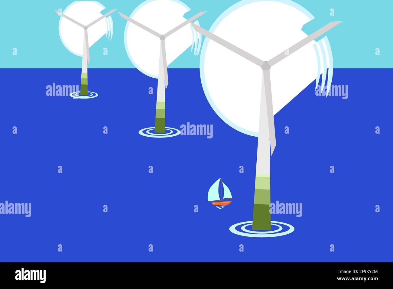 wind power station moving in the wind in the ocean with tiny ...