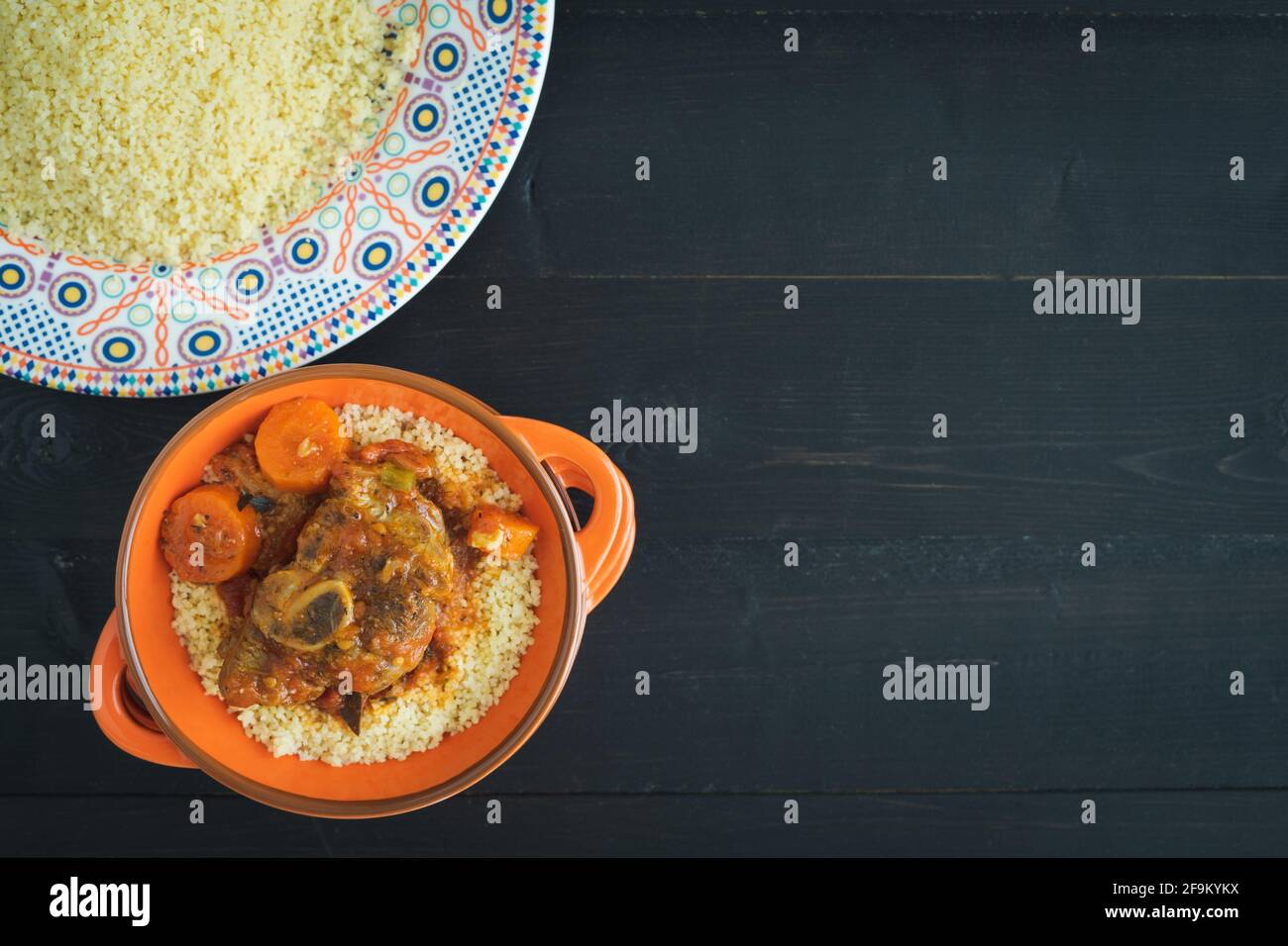 Ramadan meal. Lamb with couscous. Arabic cuisine. Copy space. Top view ...