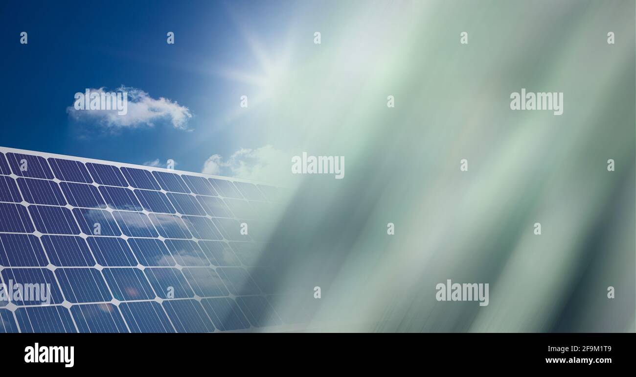 Composition of solar panels against blue sky with screen of smoke Stock ...