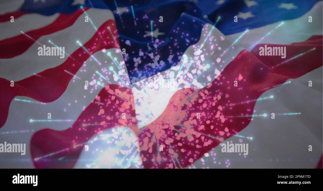 Composition of fireworks exploding over american flag in background ...