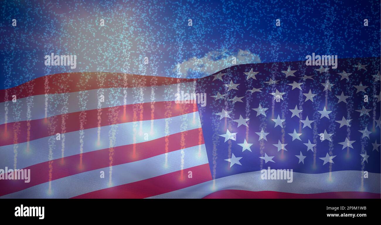 Composition of glowing lights over american flag with clouds on blue ...