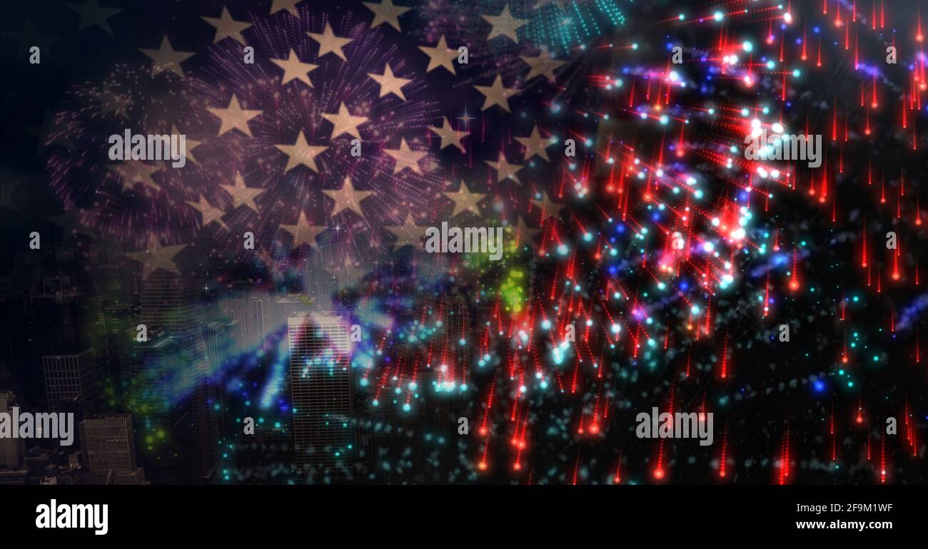 Composition of fireworks over american flag Stock Photo - Alamy