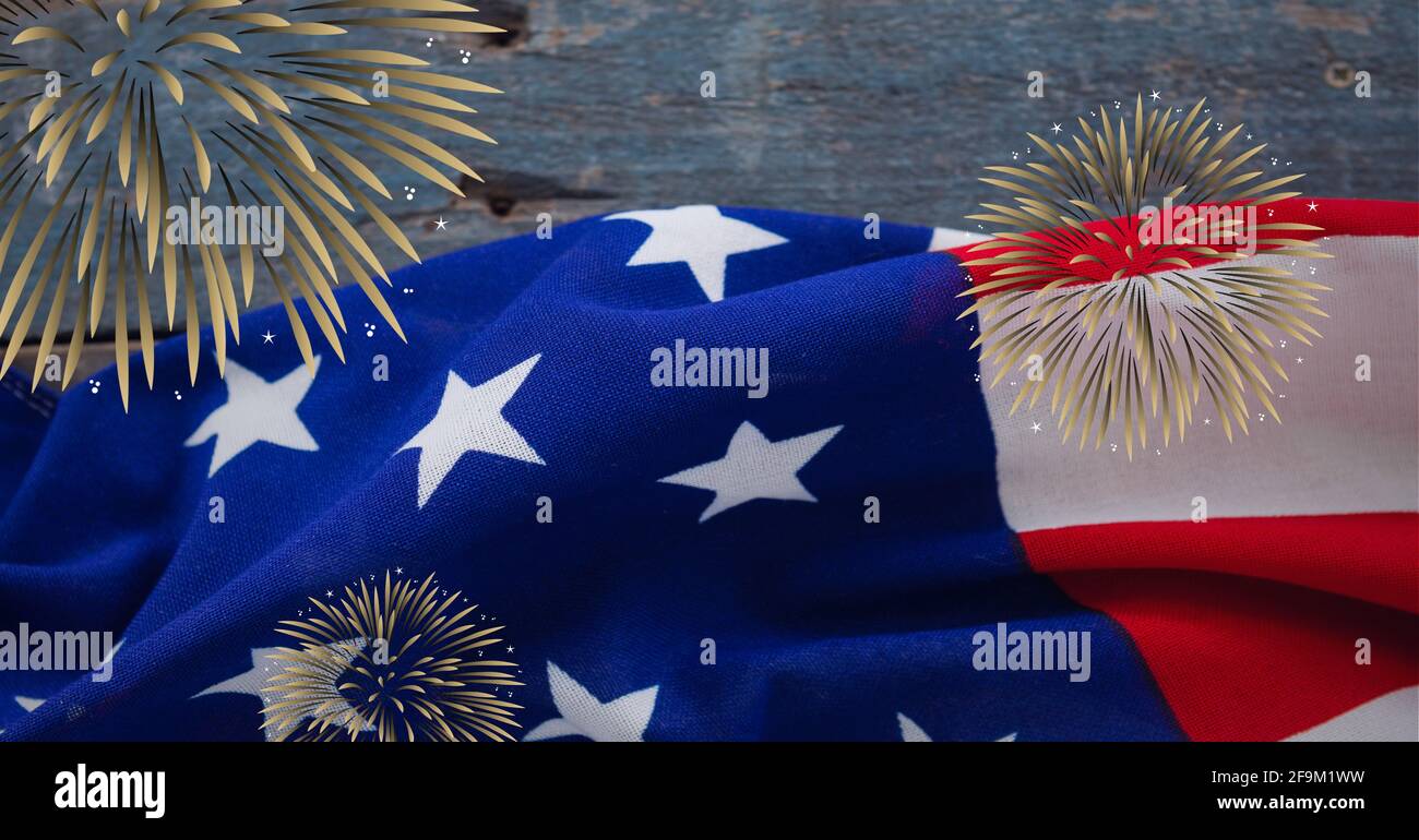 Composition of fireworks over american flag on wooden background Stock ...