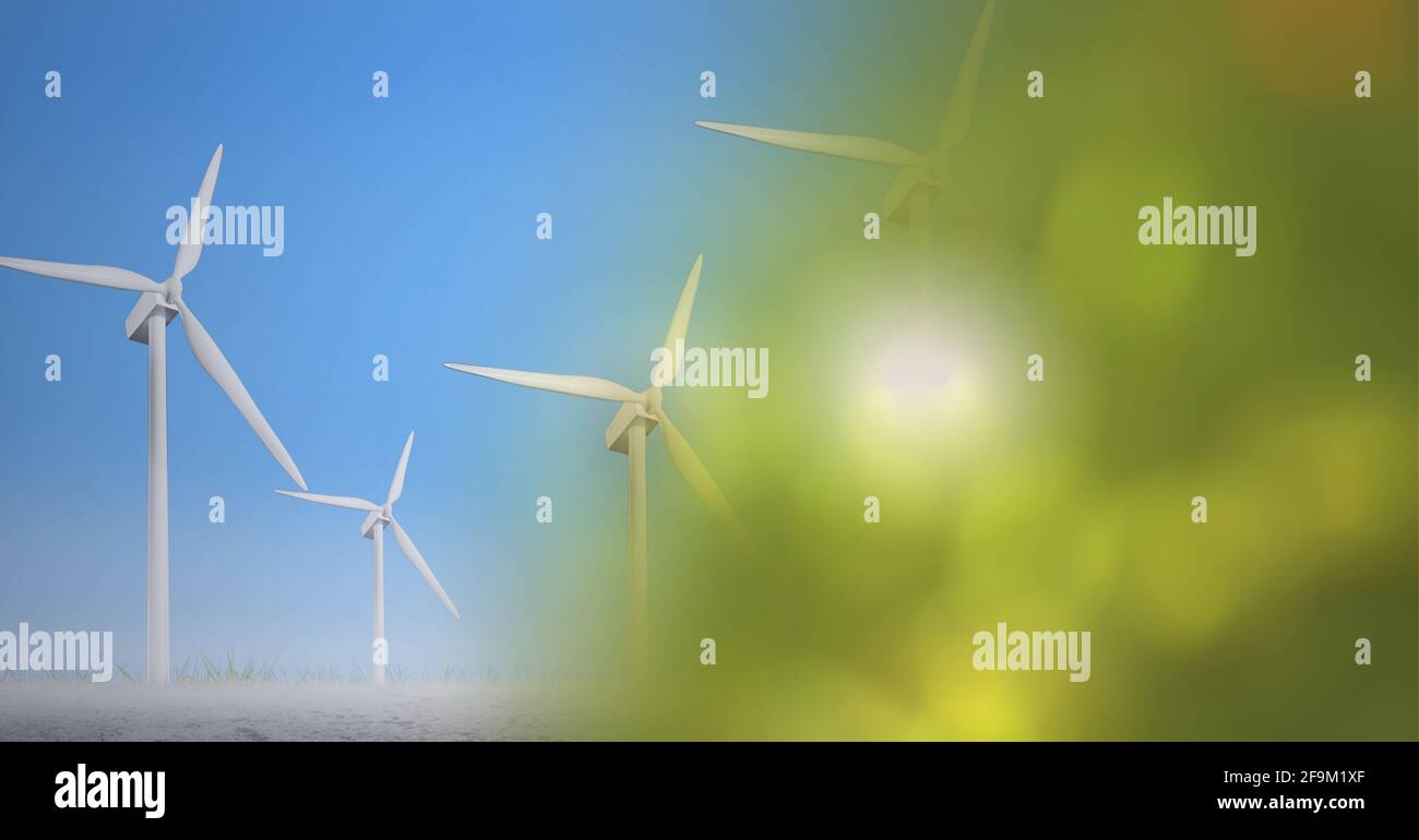 Composition of wind turbines in countryside with green cloud Stock ...