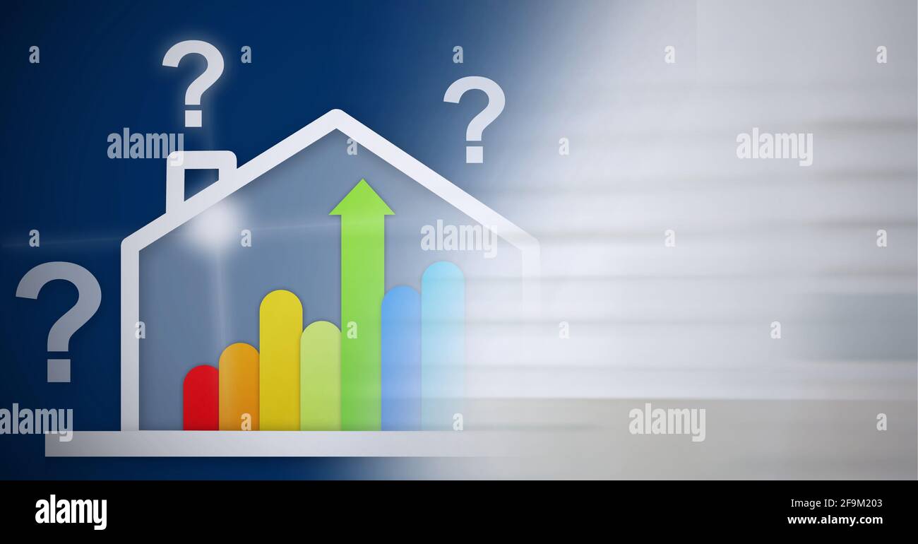 Composition of house question marks and energy rating with screen of ...