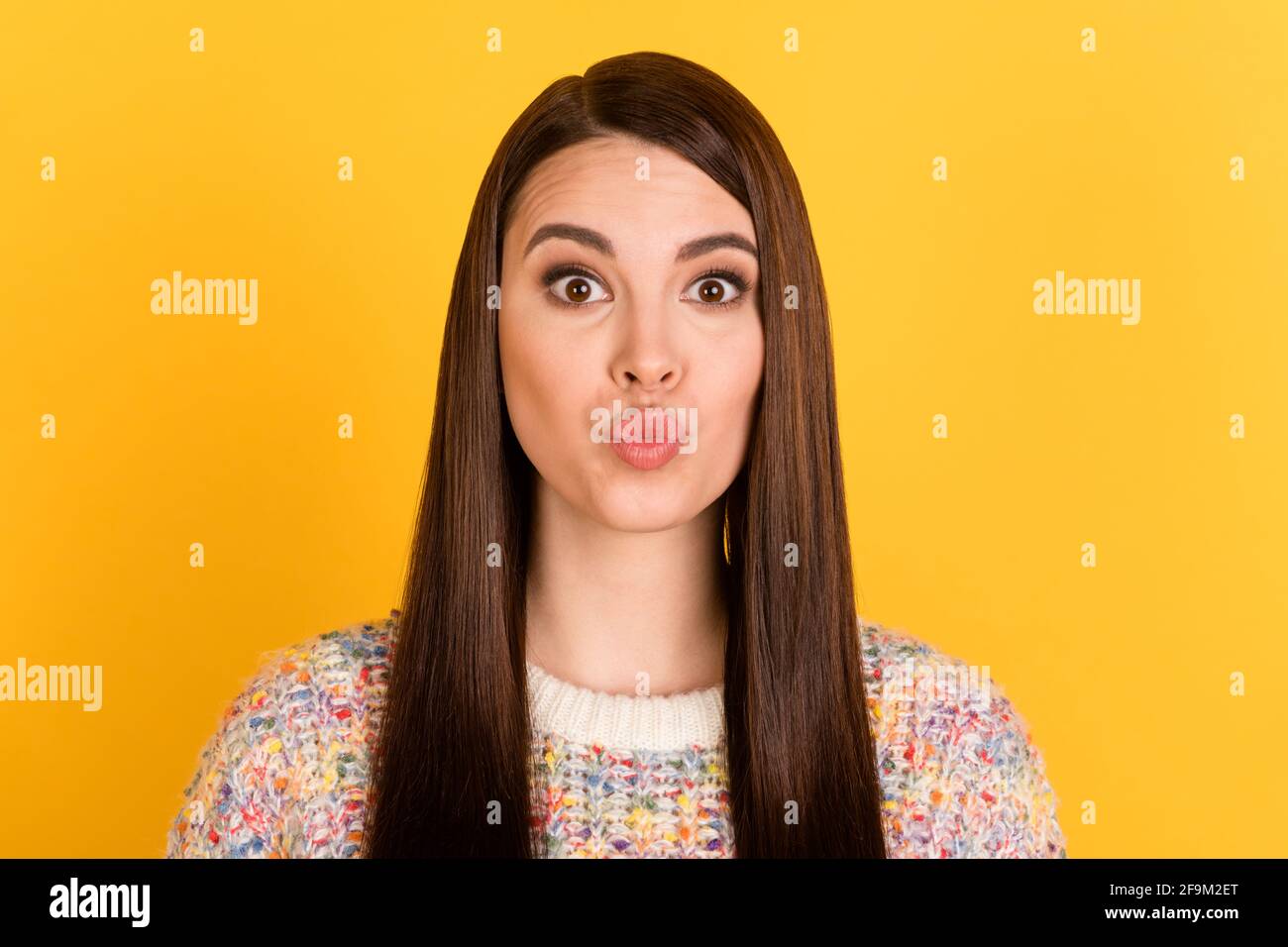 Photo of charming pretty young woman send air kiss good mood isolated ...