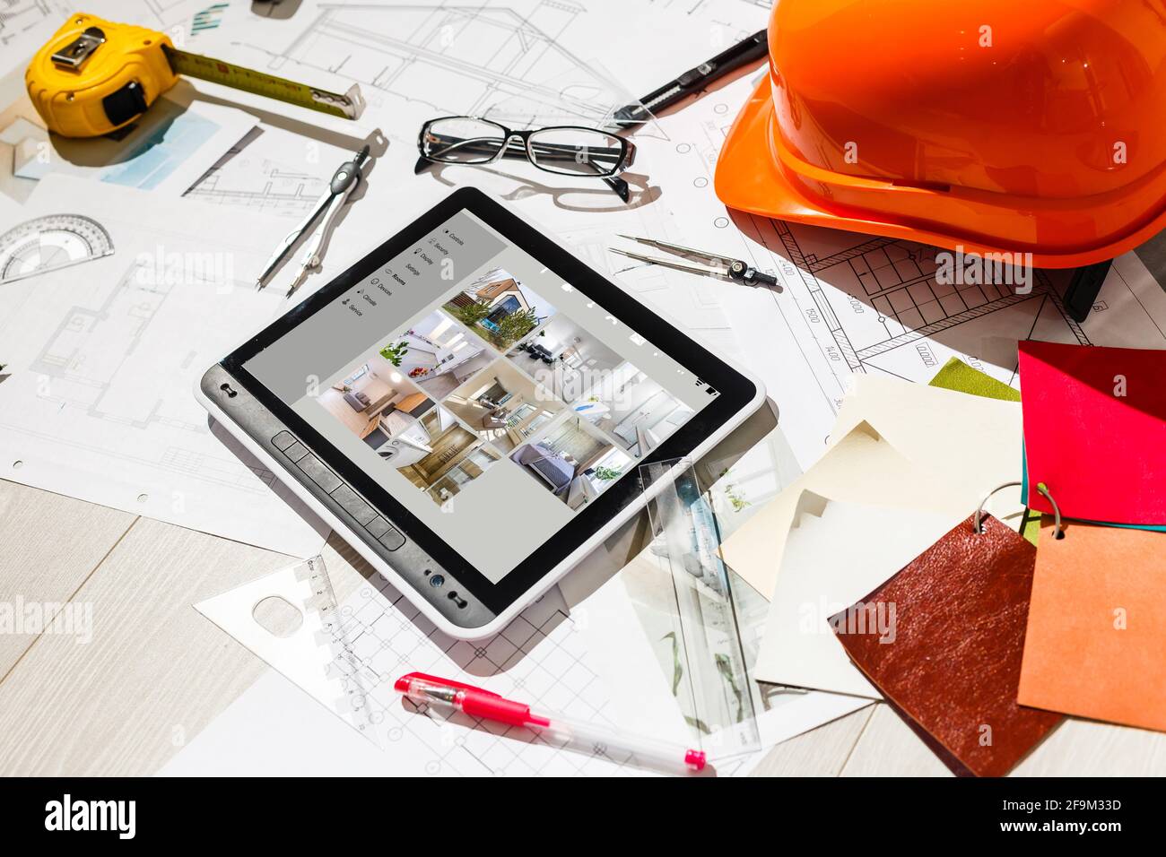 Computer Tablet with Master Bathroom Design Over House Plans, Pencil ...