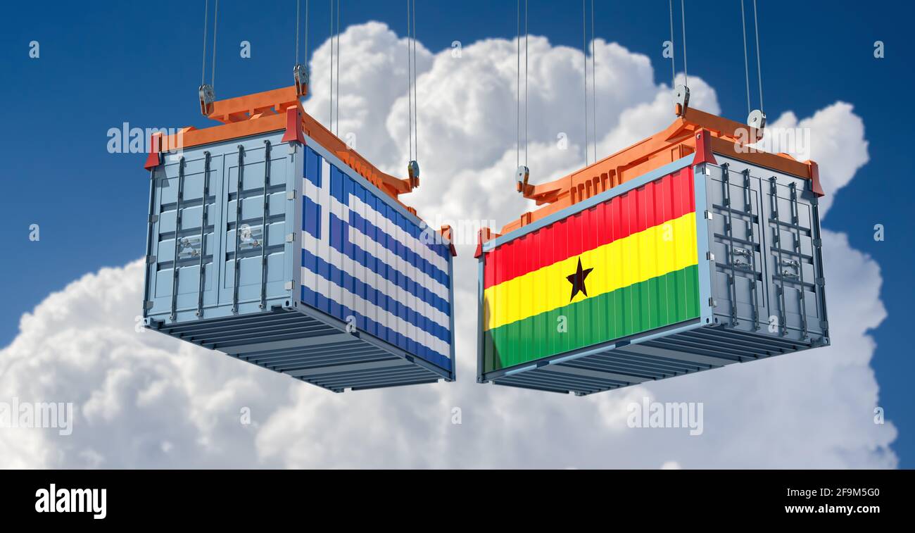 Freight containers with Ghana and Greece national flags. 3D Rendering ...