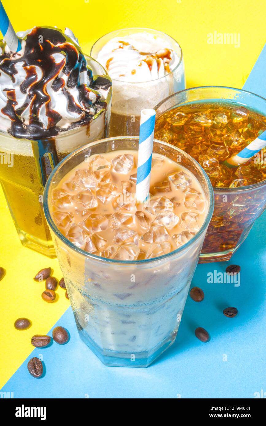 Set with different iced summer coffee drinks - espresso, frappe, latte ...