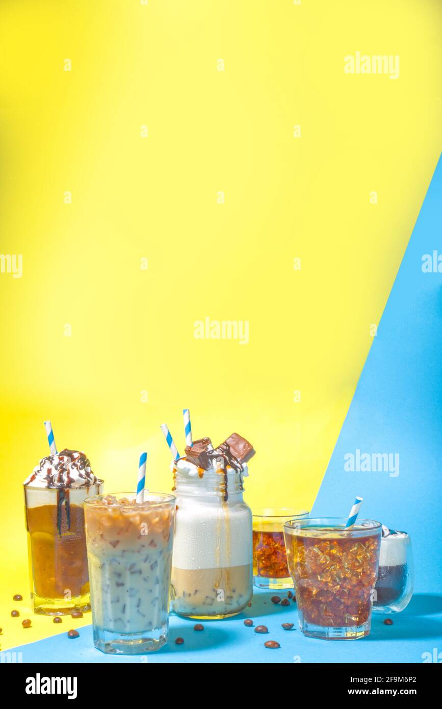 Set with different iced summer coffee drinks - espresso, frappe, latte ...