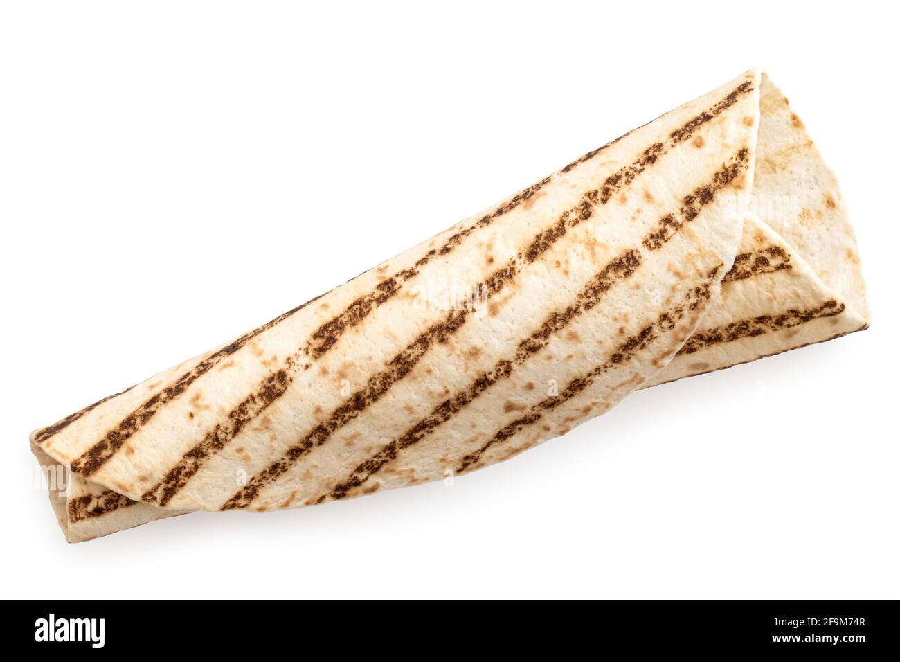 Rolled up plain tortilla wrap with grill marks isolated on white. Top ...