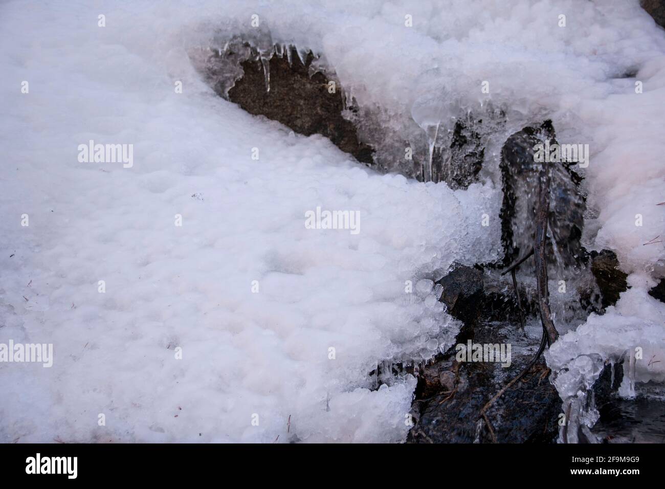 Snow still covers the Tyee Lakes trail in Inyo County, CA, USA, but it ...