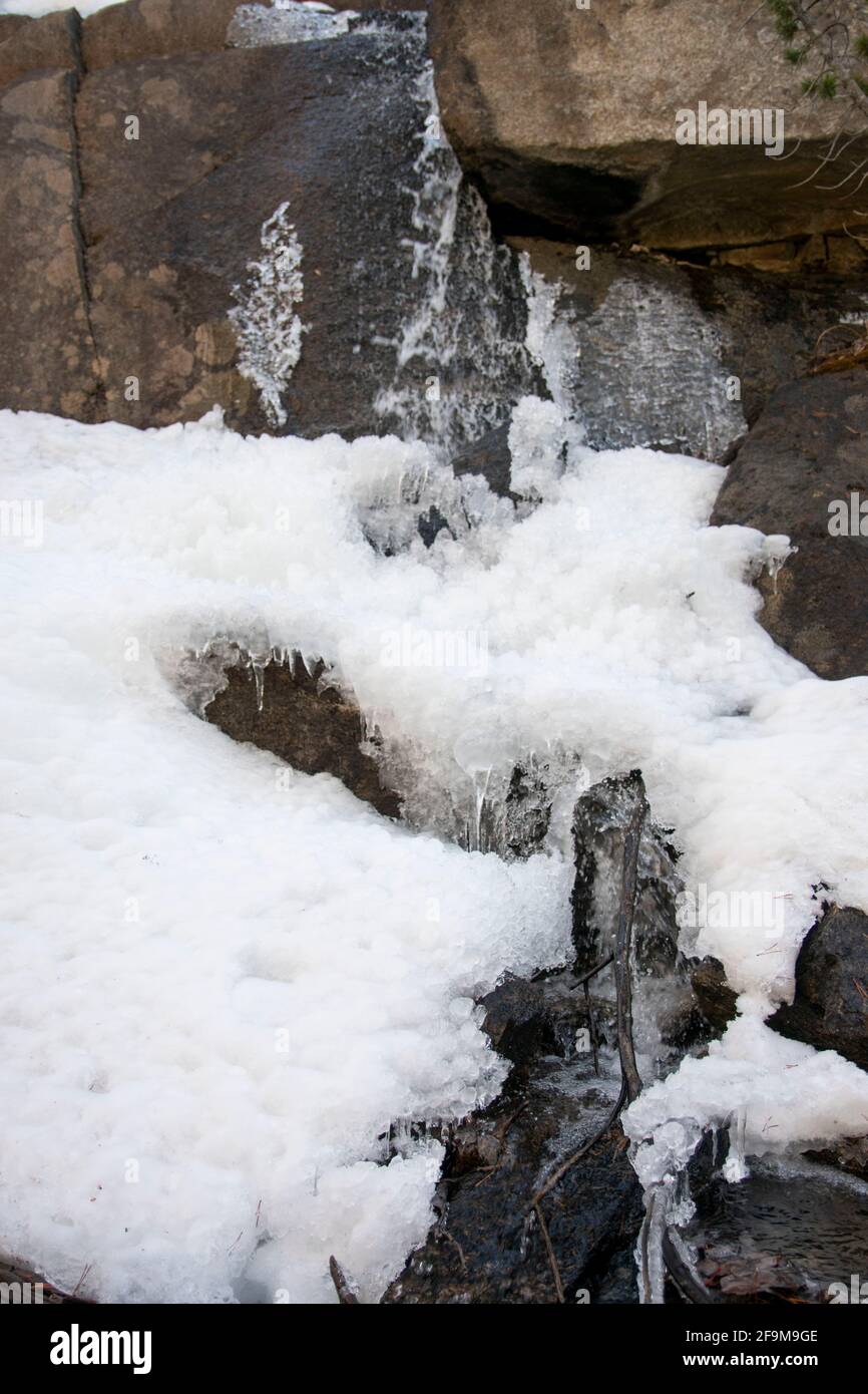 Snow still covers the Tyee Lakes trail in Inyo County, CA, USA, but it ...