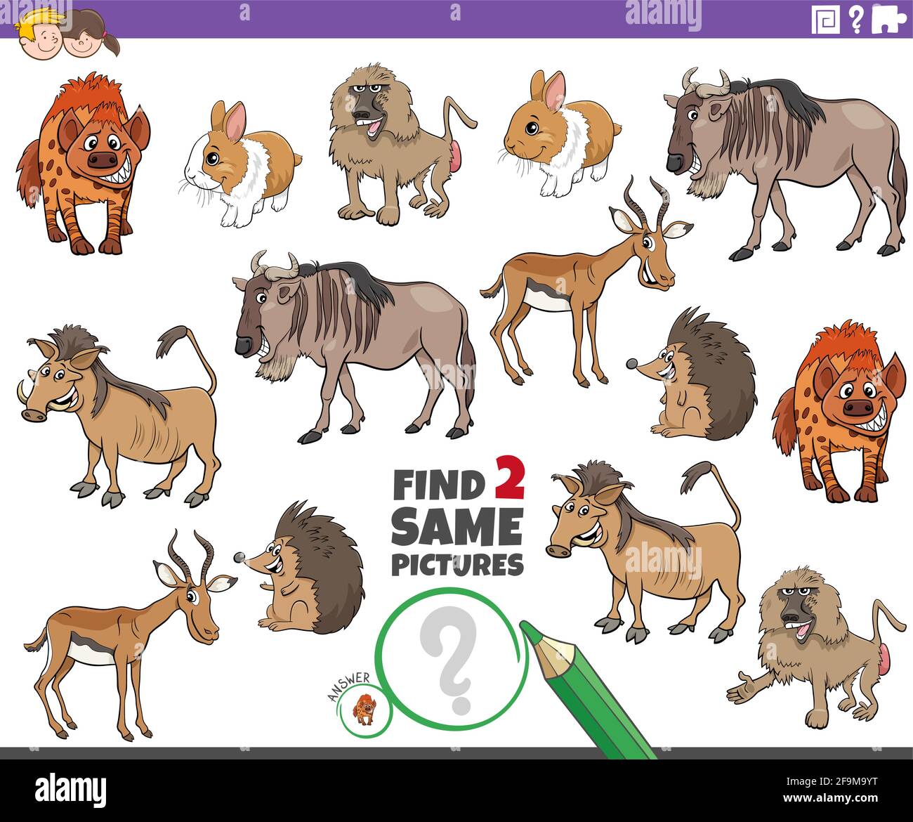 Cartoon illustration of finding two same pictures educational game with ...