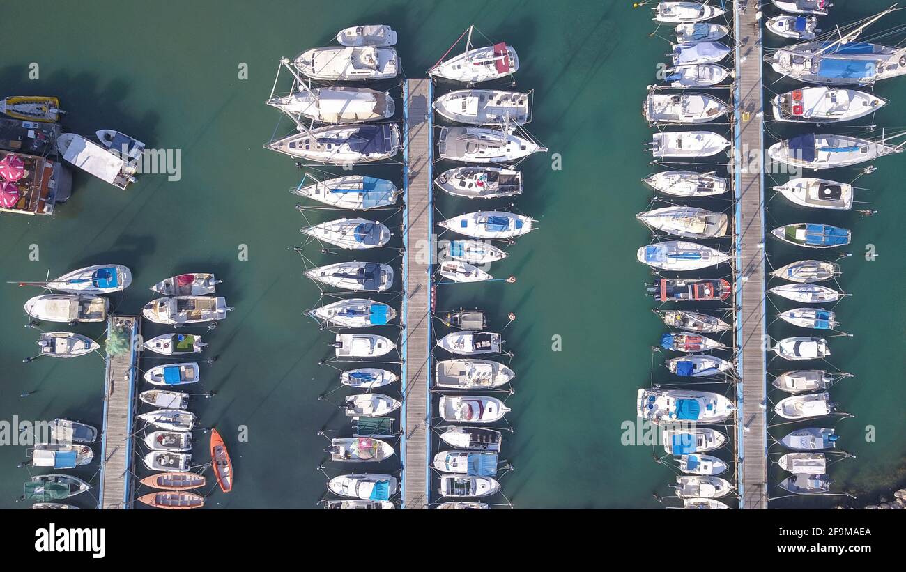 Marina with anchor Yachts and Sailboat. Aerial view Stock Photo - Alamy