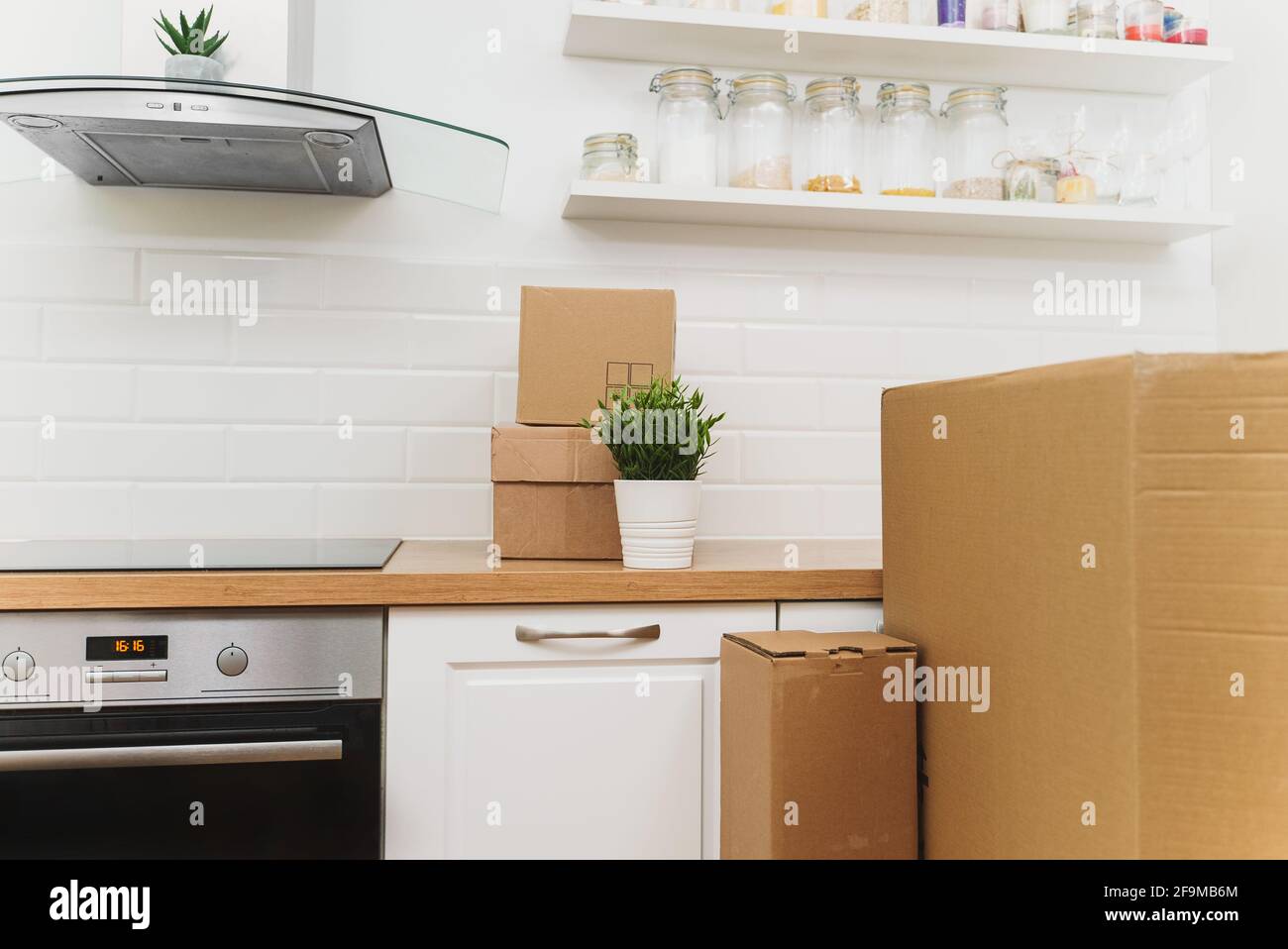 Flower pot and cardboard boxes on the new kitchen Stock Photo - Alamy
