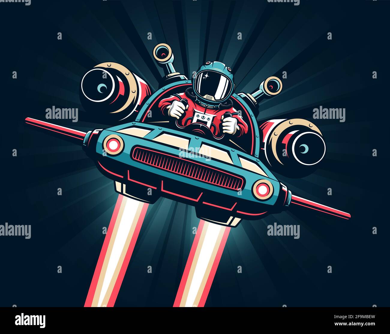 Spaceman pilot flying on spaceship on hyperspace background Stock ...