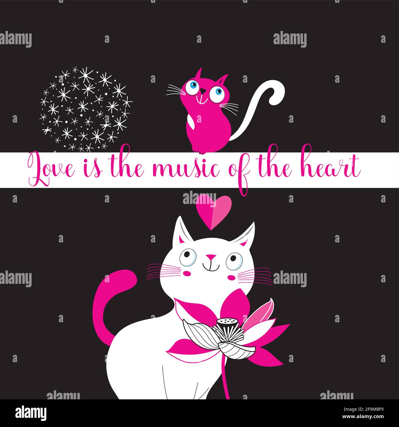 Graphic cats in love on a dark background with flowers Stock Vector ...