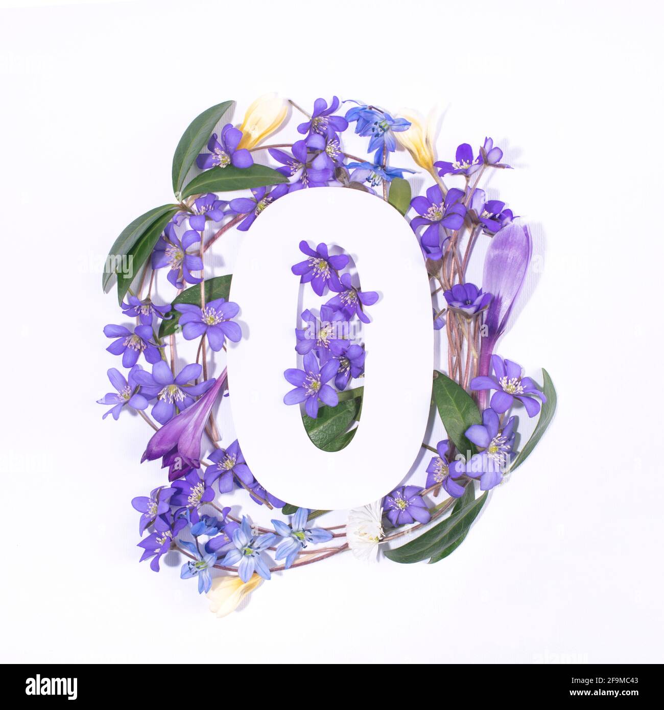 Layout with spring flowers and number zero. Flat lay. Top view Stock ...