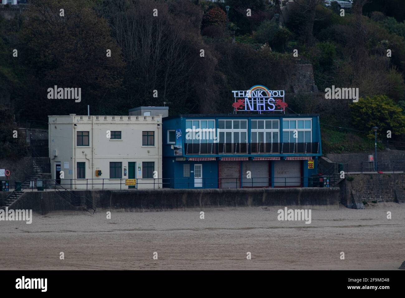 A Thank You NHS sign on North Beach in Tenby, Pembrokeshire, Wales on ...