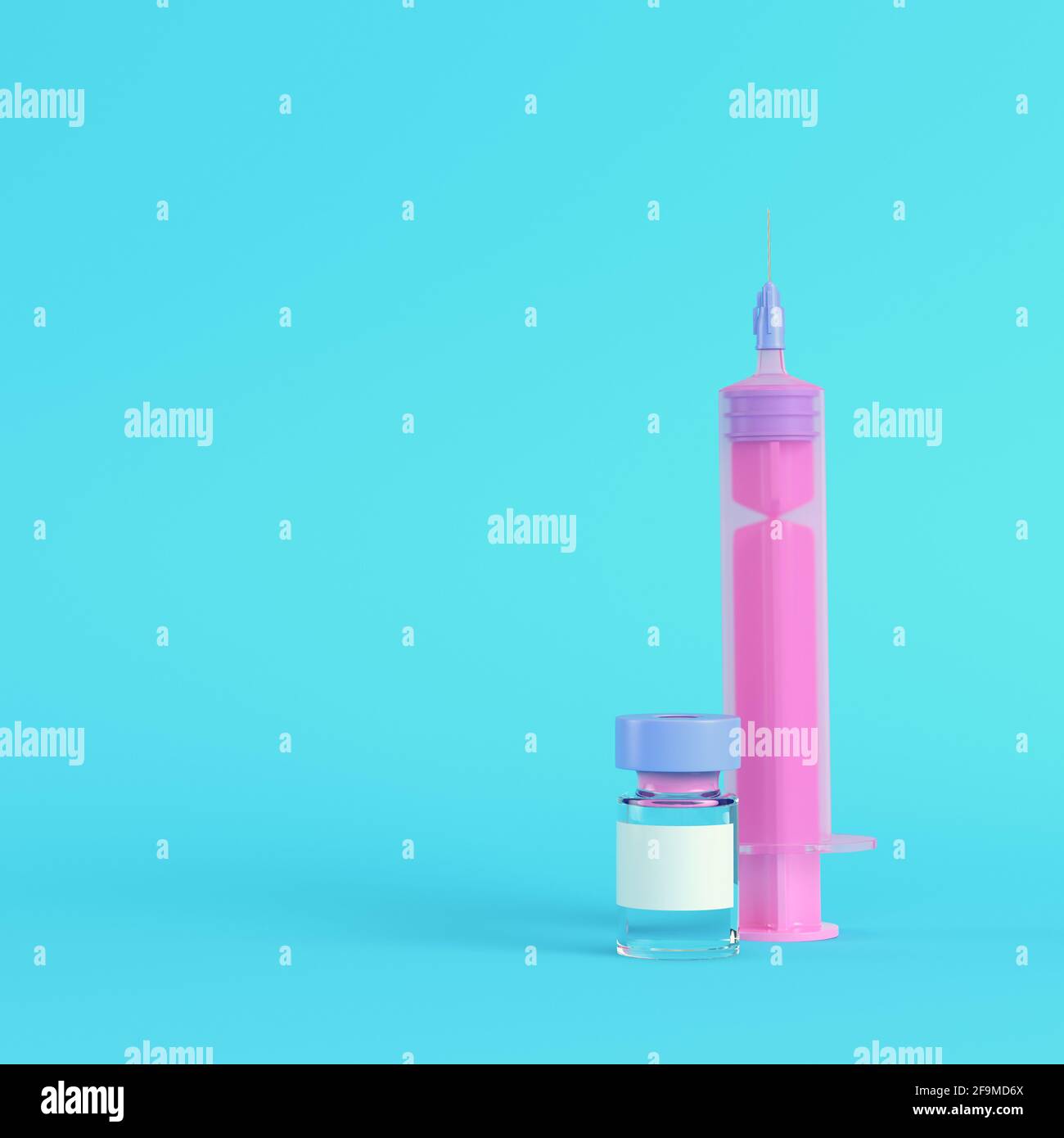 Pink syringe with vaccine on bright blue background in pastel colors ...