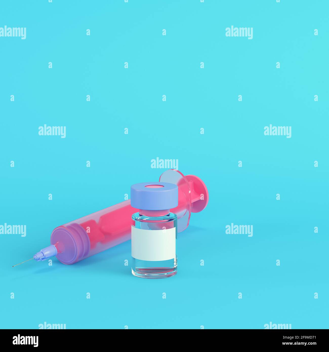 Pink syringe with vaccine on bright blue background in pastel colors ...