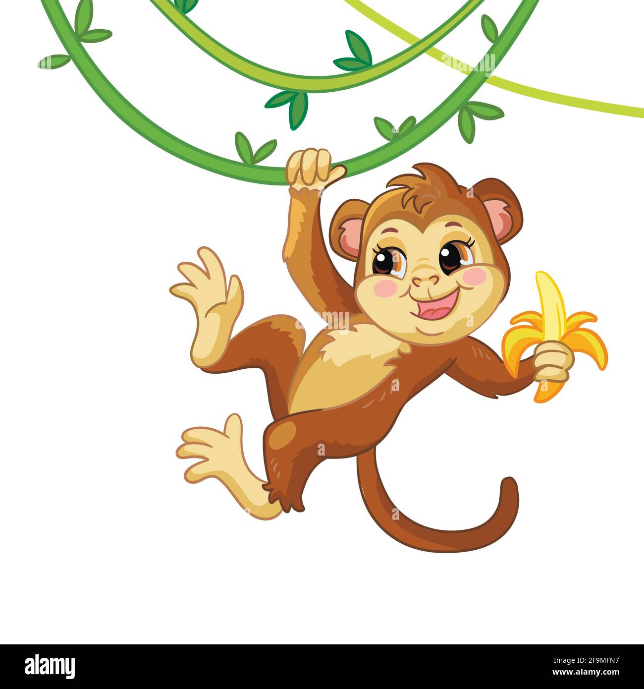Cute monkey with a banana on a liana. Cartoon character. Vector ...