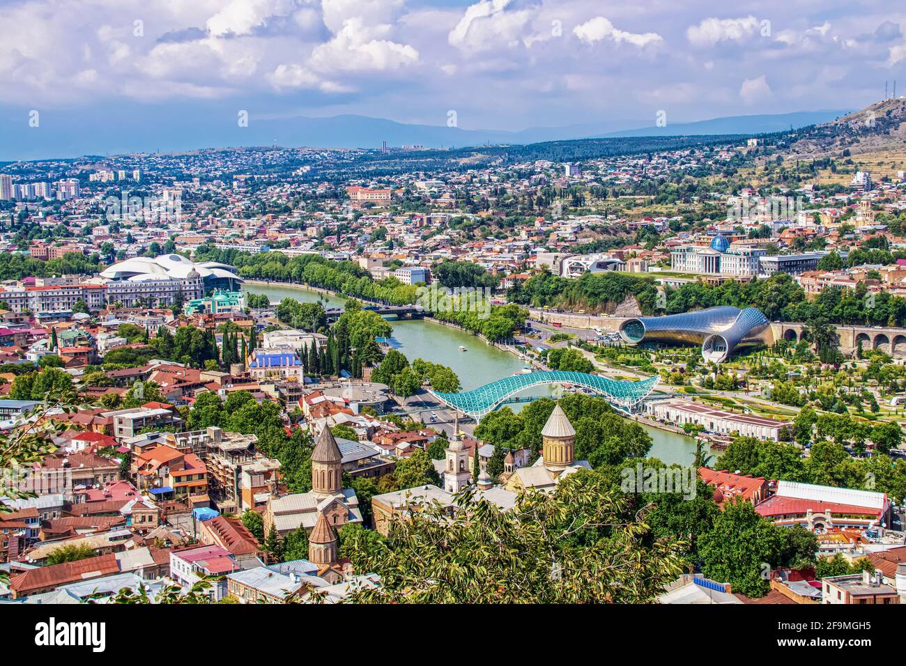 Aerial view of Tbilisi Georgia down the river Kura and the Bridge of ...